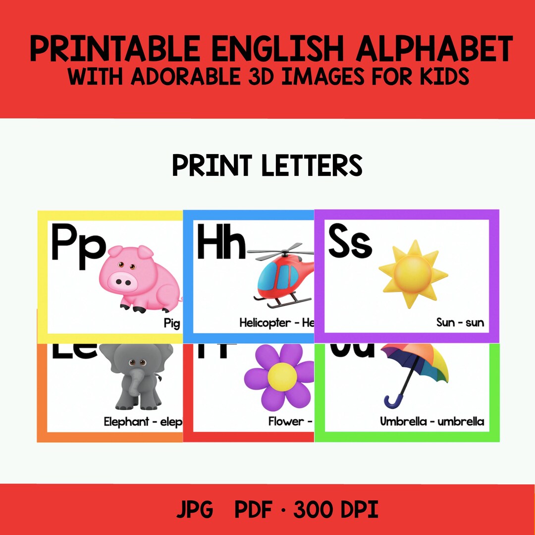 Printable English Alphabet Flashcards With Cute 3D Images – A4 PDF ...