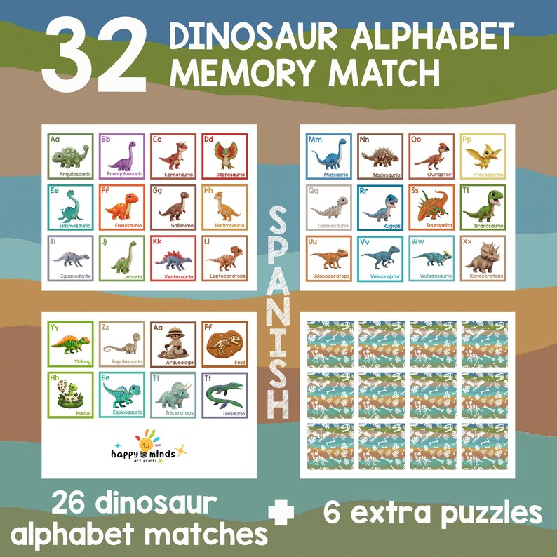Dinosaur Alphabet Memory Game Printable for Kids A to Z, Bilingual ...