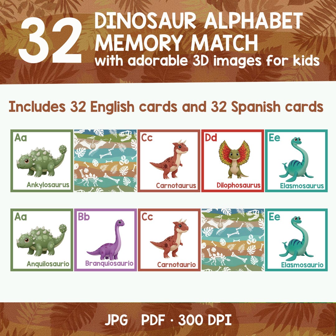Dinosaur Alphabet Memory Game Printable for Kids A to Z, Bilingual ...