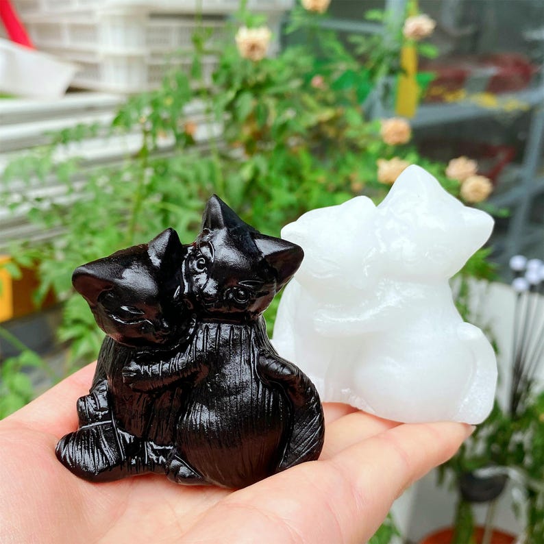 White Jade Obsidian Cat Figurine: Hand Carved Crystal Animal, Home ...