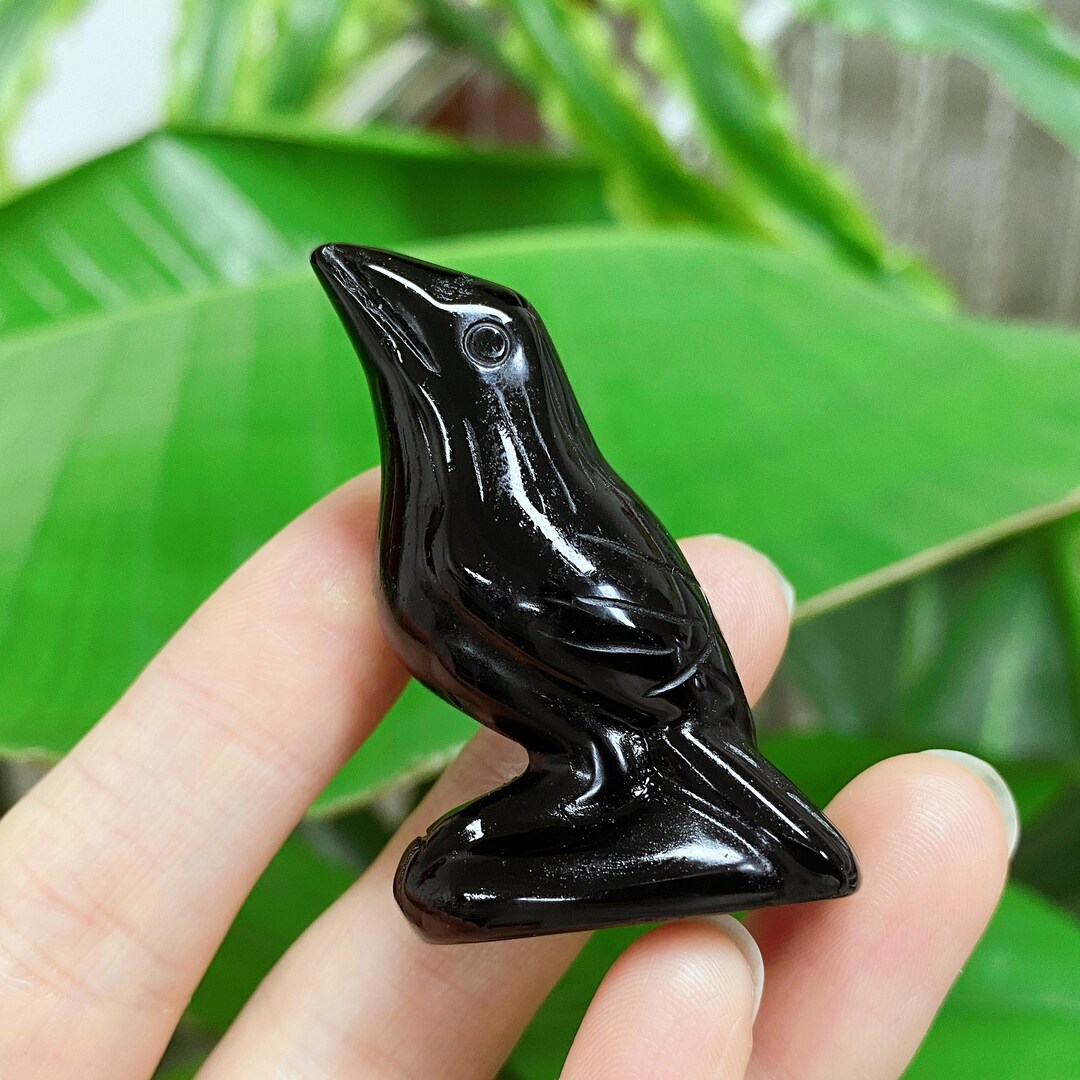 Obsidian Crow Skull Carving: Natural Crystal Bird Sculpture, Reiki Gift ...