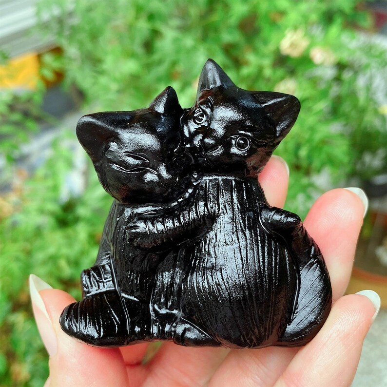 White Jade Obsidian Cat Figurine: Hand Carved Crystal Animal, Home ...