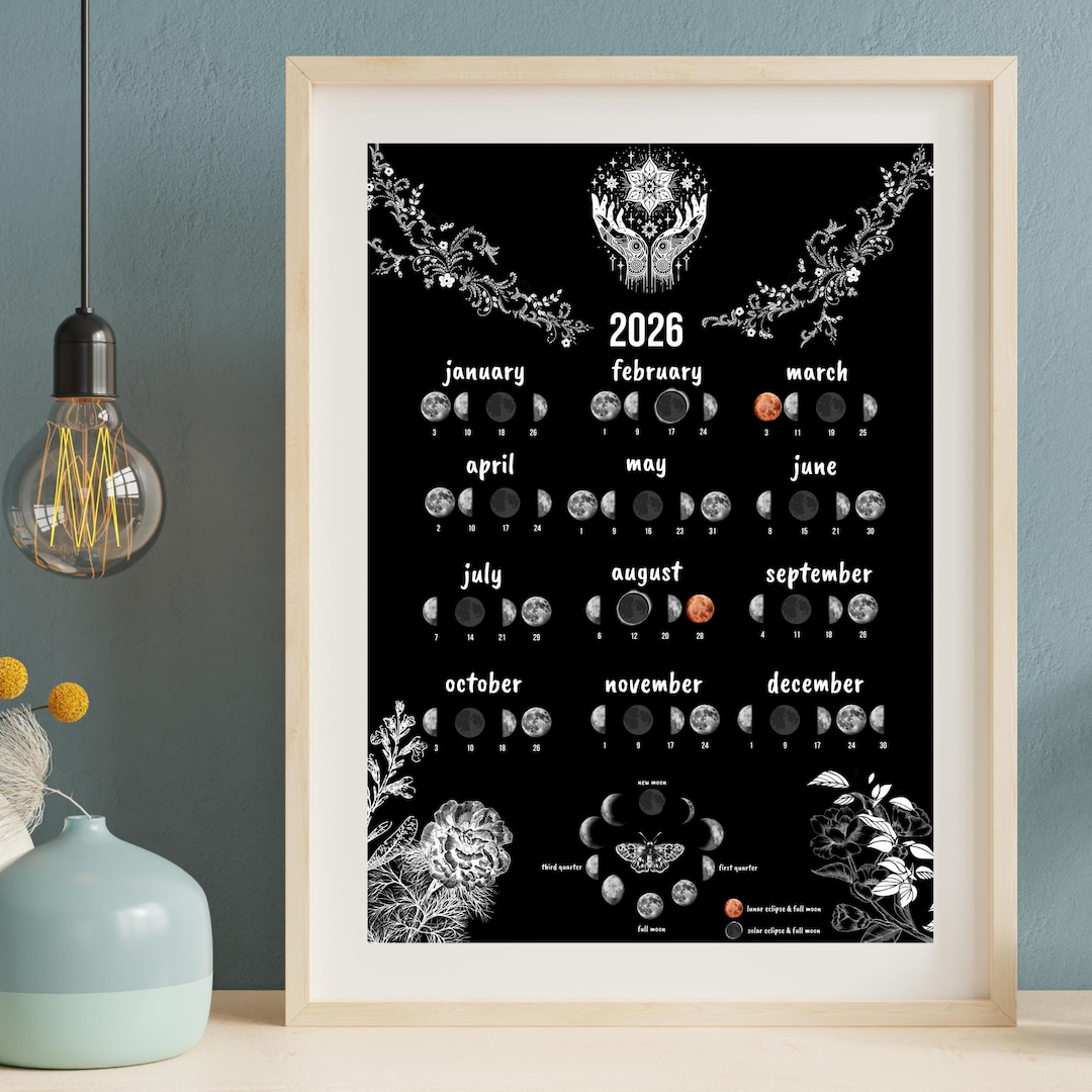 2026 Lunar Calendar Printable | Black & White Moon Phases (A4, US ...