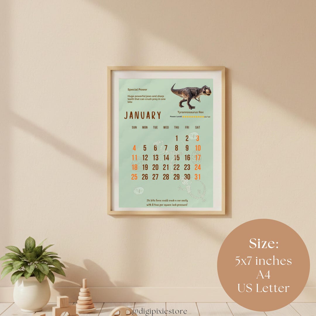 2026 Dino Kids Calendar Printable | Cute Dinosaur Calendar | Kids Room ...