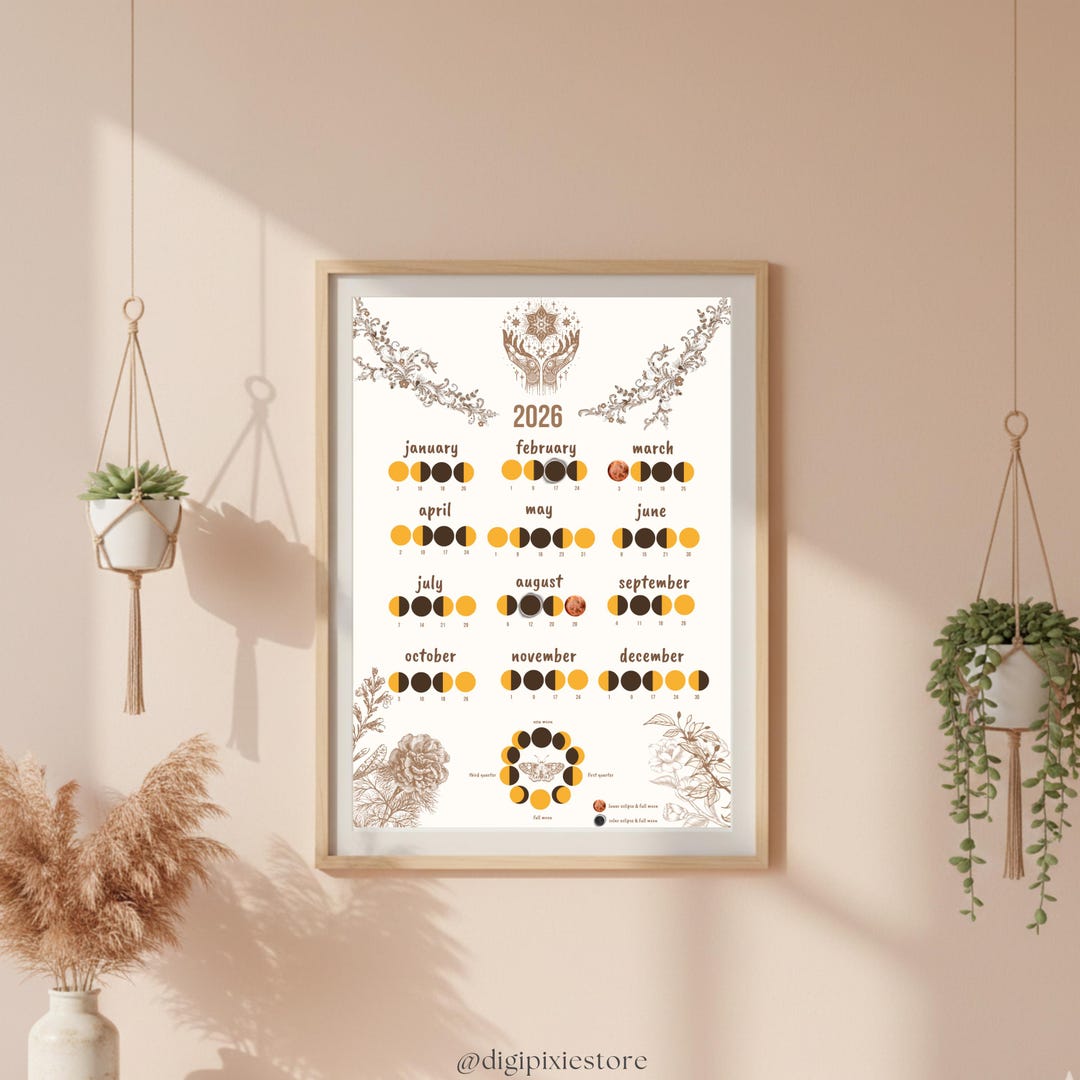 2026 Lunar Calendar Printable Light Boho | Moon Phases Wall Art | Soft ...