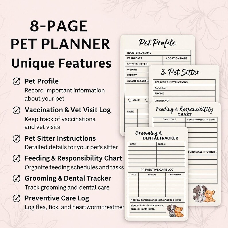 Pet Planner Printable Bundle, 8 in 1 per Organizer PDF for Pets, Vet Log, Sitter Info, Expense ...