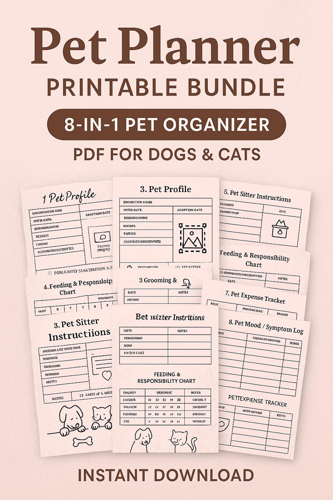 Pet Planner Printable Bundle, 8 in 1 per Organizer PDF for Pets, Vet Log, Sitter Info, Expense ...