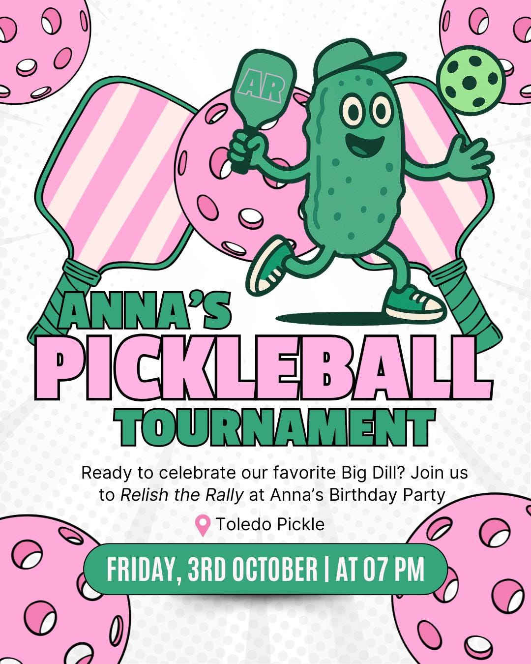 Pink & Green Pickleball Birthday Invitation | Funny Pickle Themed Party ...
