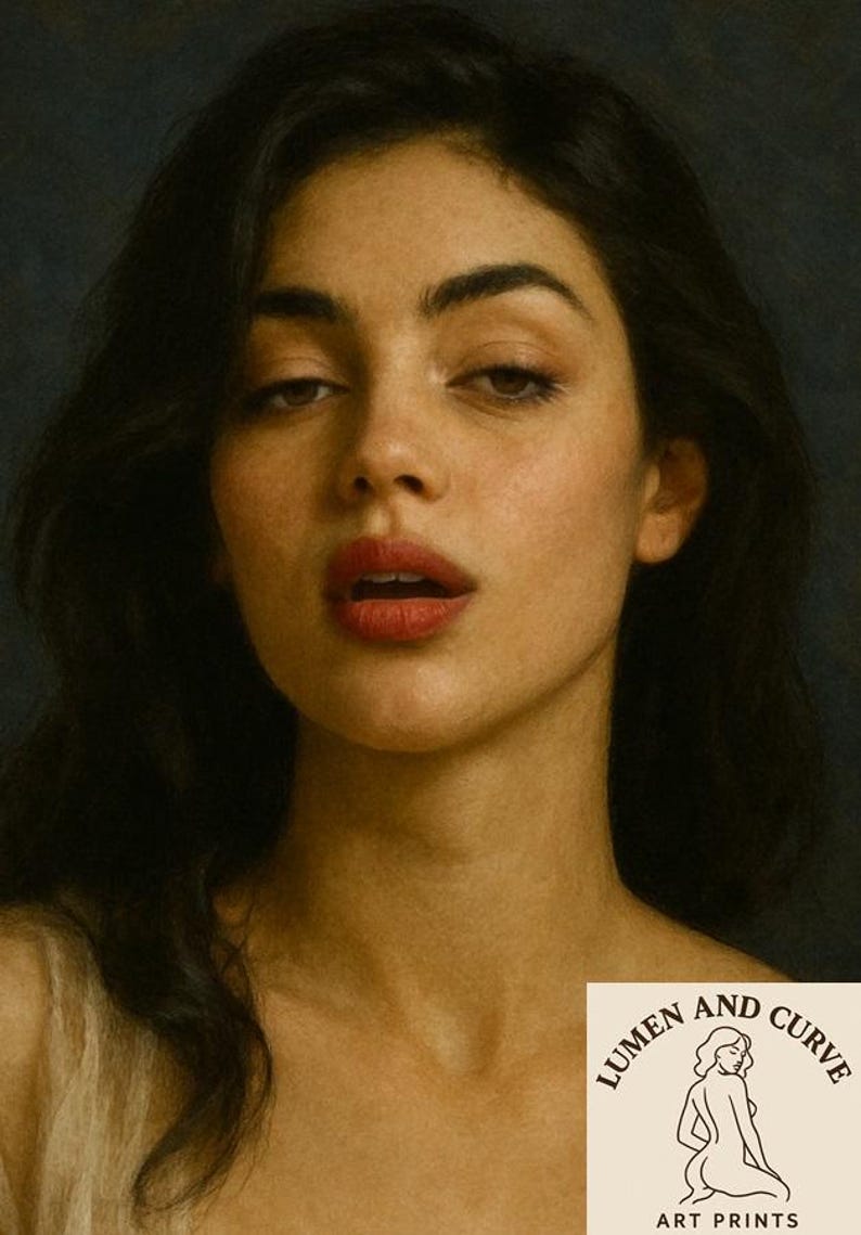 Sensual Nude Oil Portrait – Velvet Gaze Art Print – Classical Boudoir ...