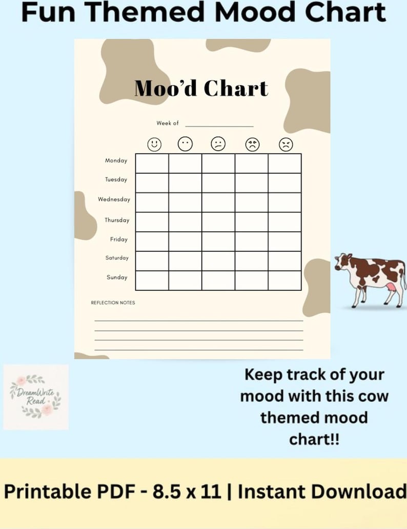 Cow Themed Mood Tracker Printable | “moo’d” Chart & Reflection Journal ...