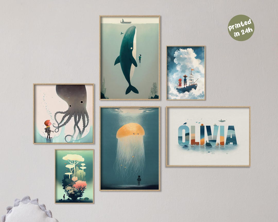 Nautical Gallery Wall Set I Personalized Name Print I Whale Octopus ...