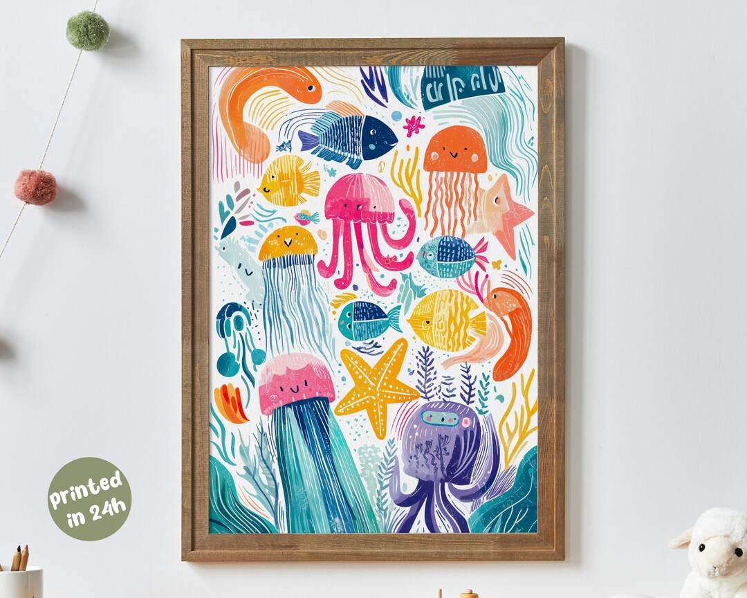 Posters | Colorful Ocean Animals Wall Art, Playful Jellyfish & Fish ...
