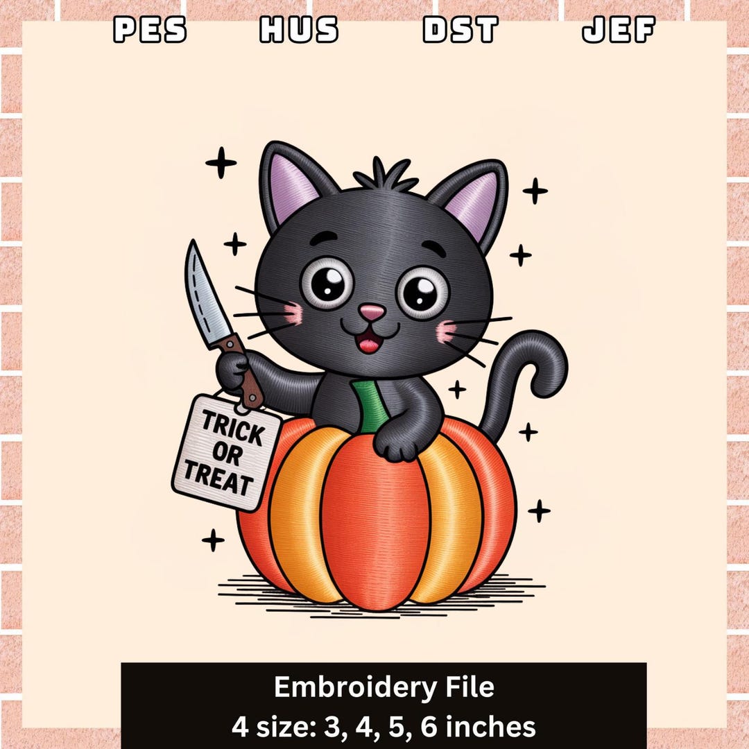 Embroidery File Cute Black Cat Pumpkin, Halloween Design, Trick or ...