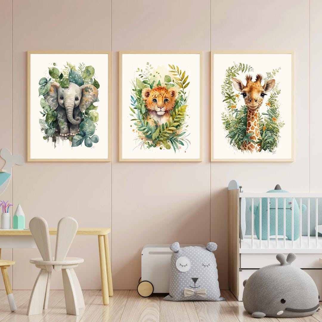 Jungle Safari Nursery Prints, Set of 3, Elephant Giraffe Lion Wall Art ...
