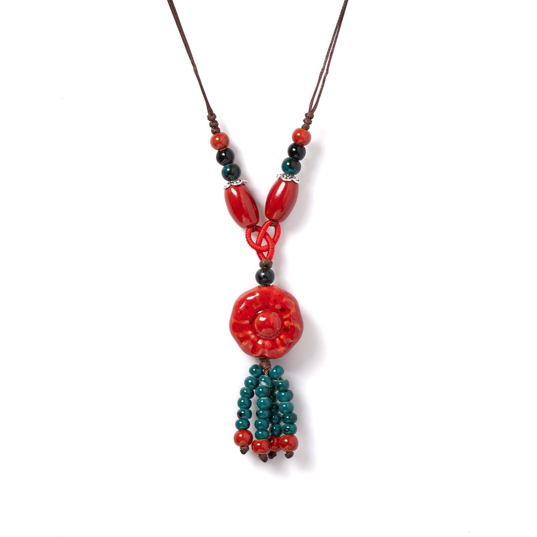 Big Red Disc Handmade Ceramic Necklace - Adjustable Vintage Style Boho ...