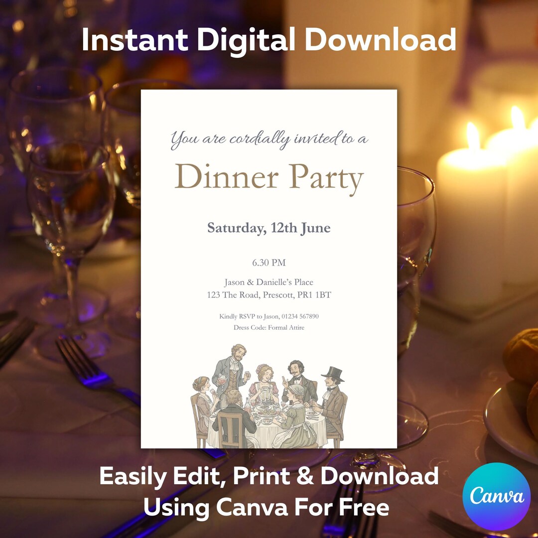 Elegant Dinner Party Invitation Template | Editable Canva | Vintage ...