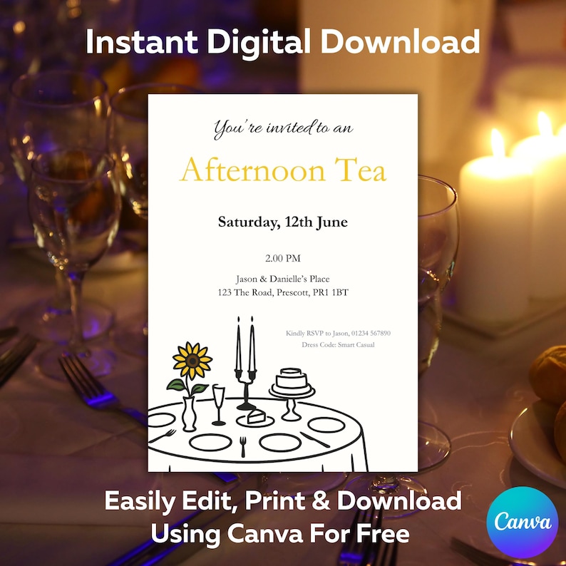 Afternoon Tea Invitation Template | Editable Canva | Sunflower Table ...