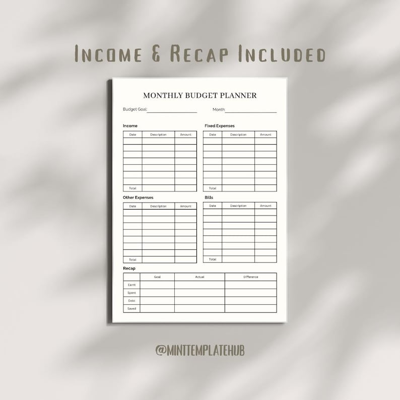 Monthly Budget Planner Printable – Digital PDF Finance Tracker ...