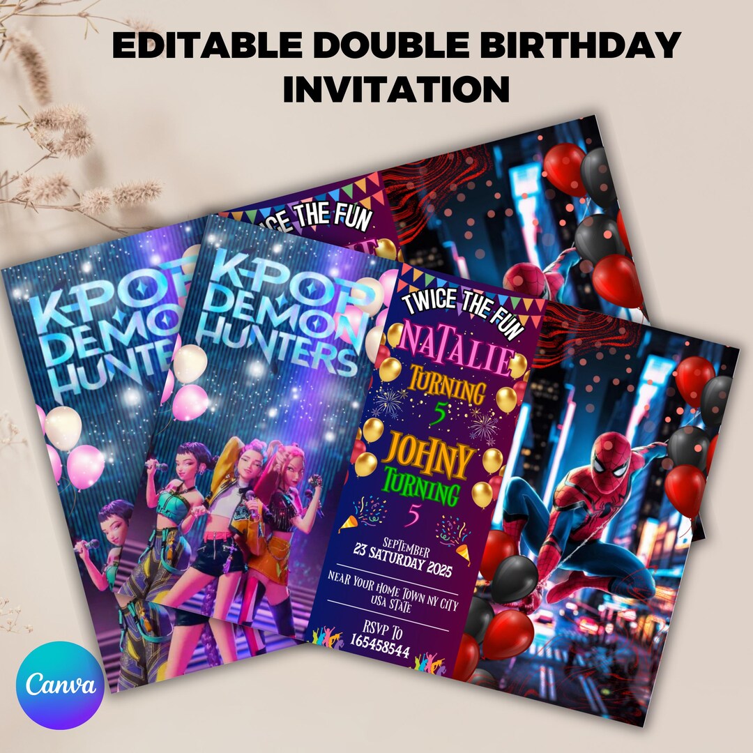 Editable Sibling Birthday Invitation, Double Birthday Invite, Dual ...