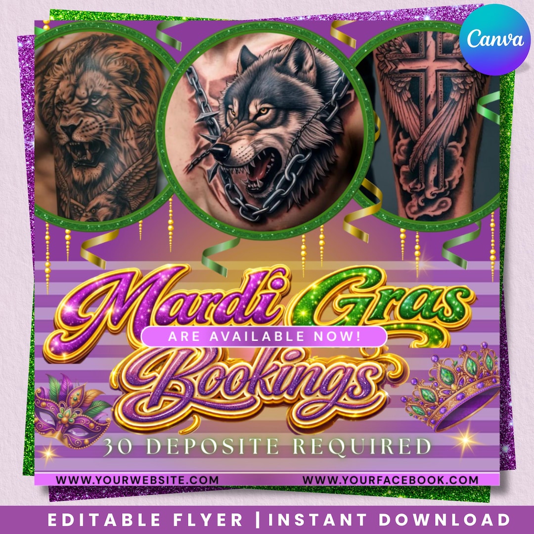Mardi Gras Tattoo Booking Flyer, March Tattoo Booking Flyer, Mardi Gras ...
