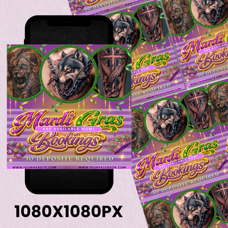 Mardi Gras Tattoo Booking Flyer, March Tattoo Booking Flyer, Mardi Gras ...