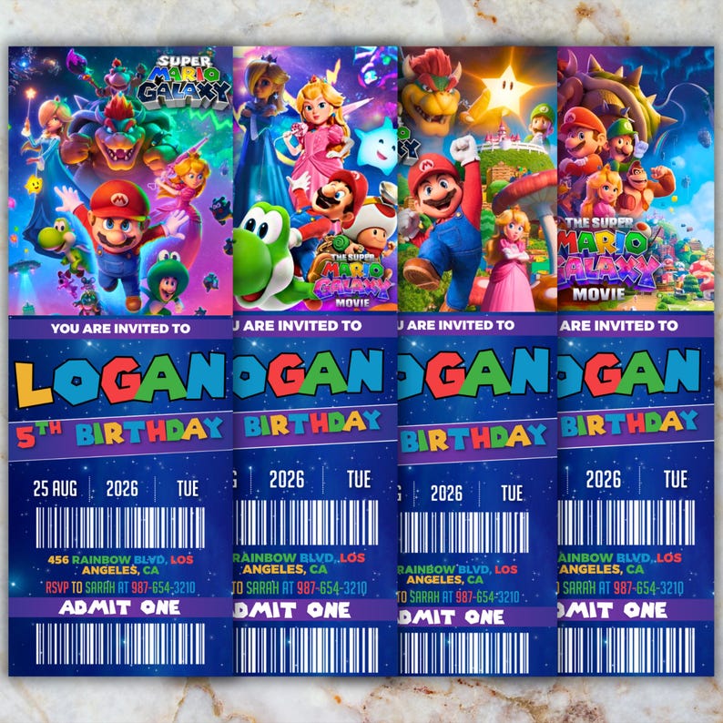 Super Mario Galaxy Movie Ticket Invitation, Super Mario Birthday Ticket ...