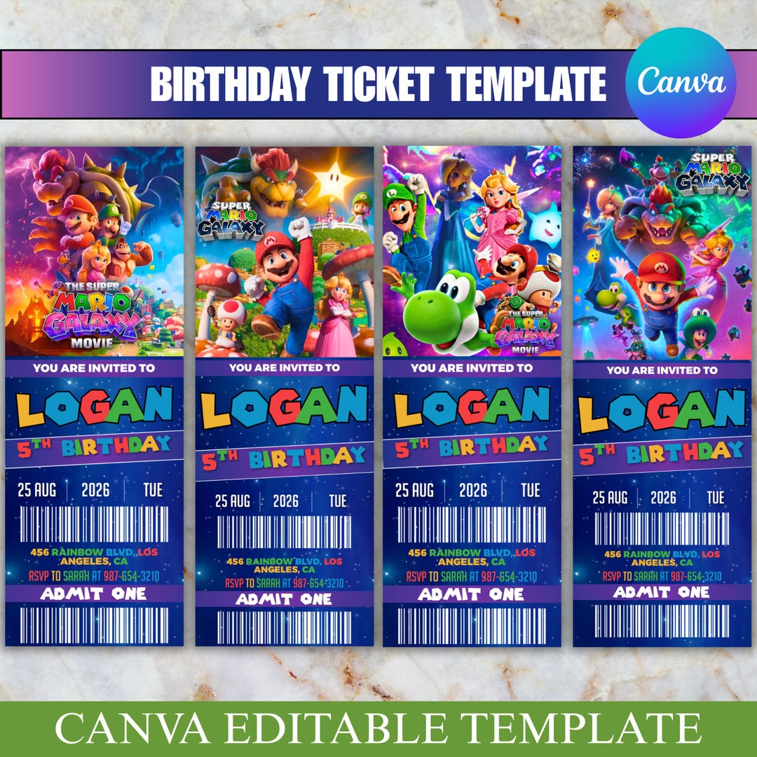 Super Mario Galaxy Movie Ticket Invitation, Super Mario Birthday Ticket ...