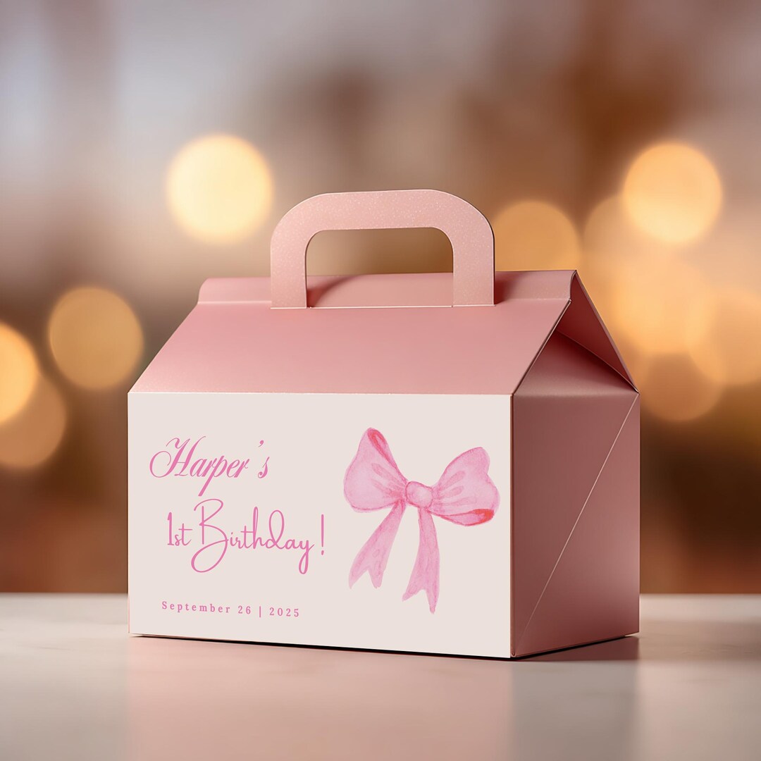 Pink Bow Gable Box Label Template: Girl 1st Birthday Party Decor ...