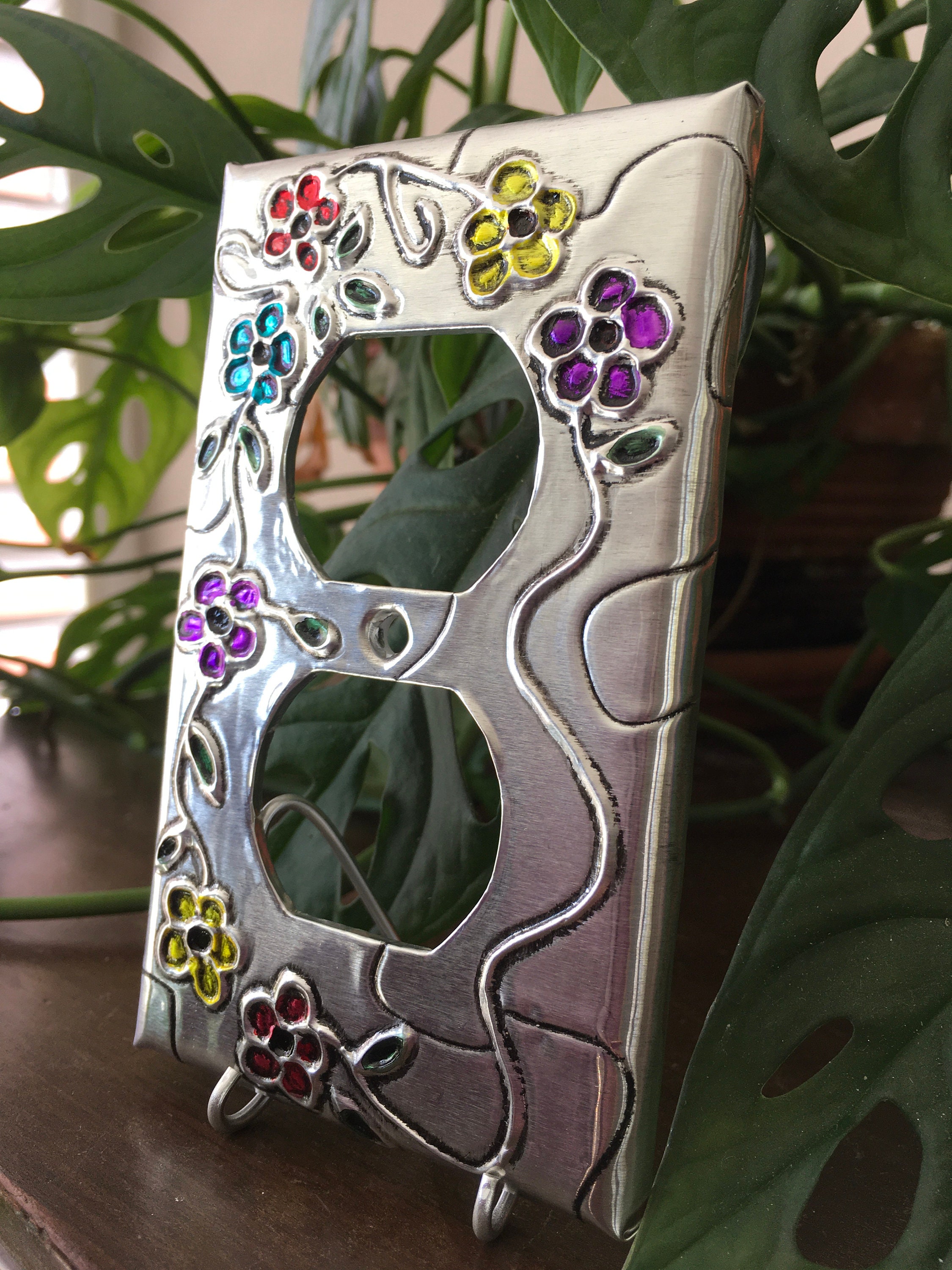 Flowers Colorful Flower Silver Metal Outlet Switch Plate Switchplate ...