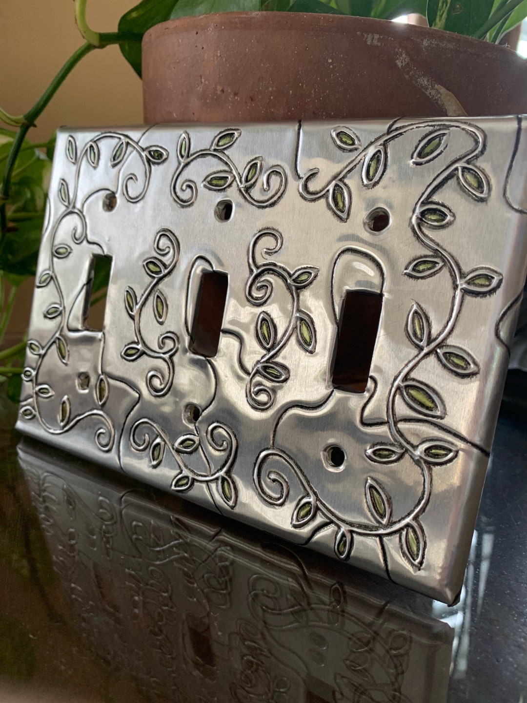 Leaves Leaf Green Silver Metal Triple Toogle Switch Plate Switchplate ...