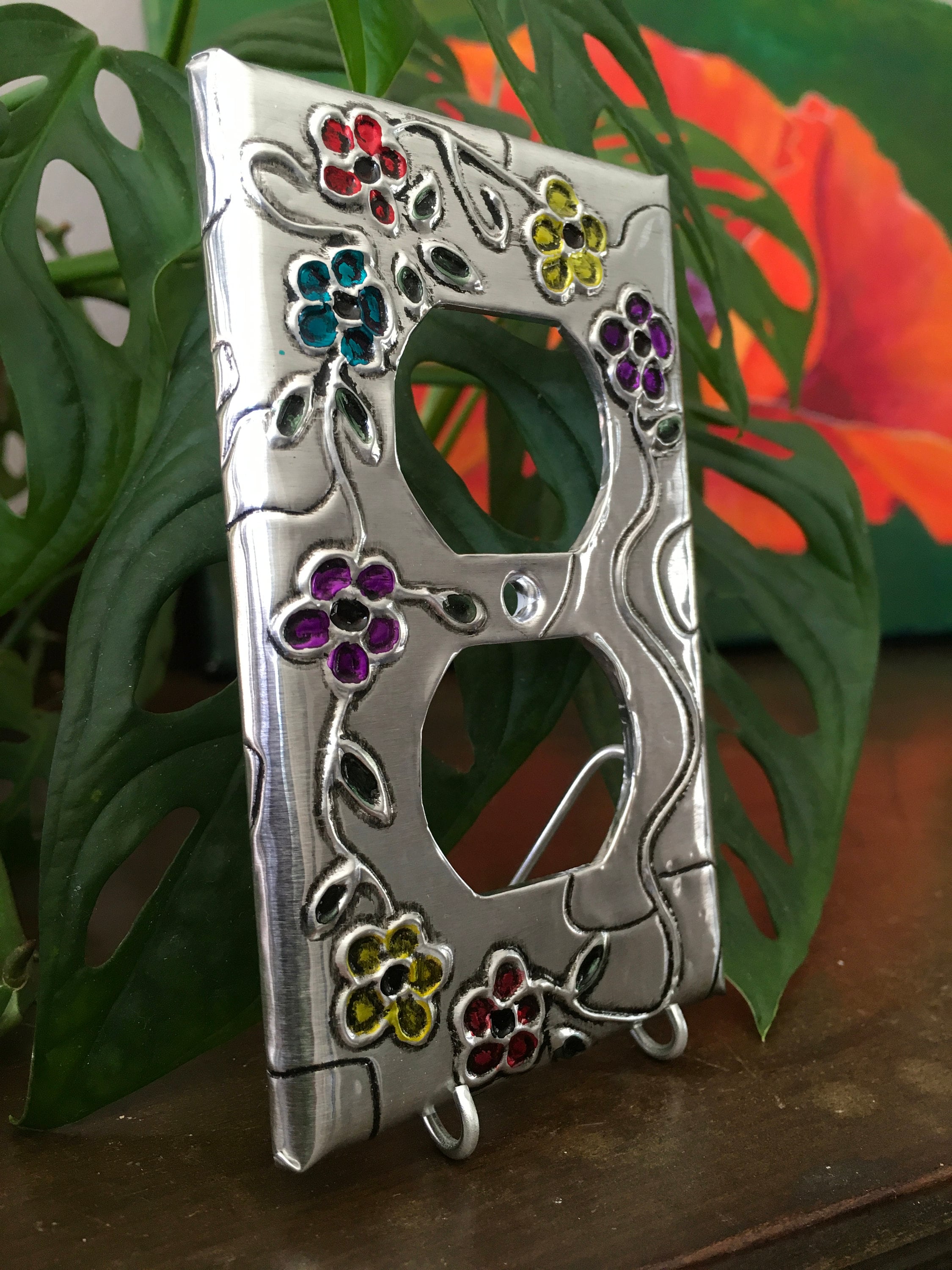 Flowers Colorful Flower Silver Metal Outlet Switch Plate Switchplate ...