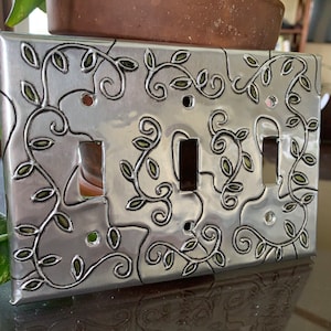 Leaves Leaf Green Silver Metal Triple Toogle Switch Plate Switchplate ...
