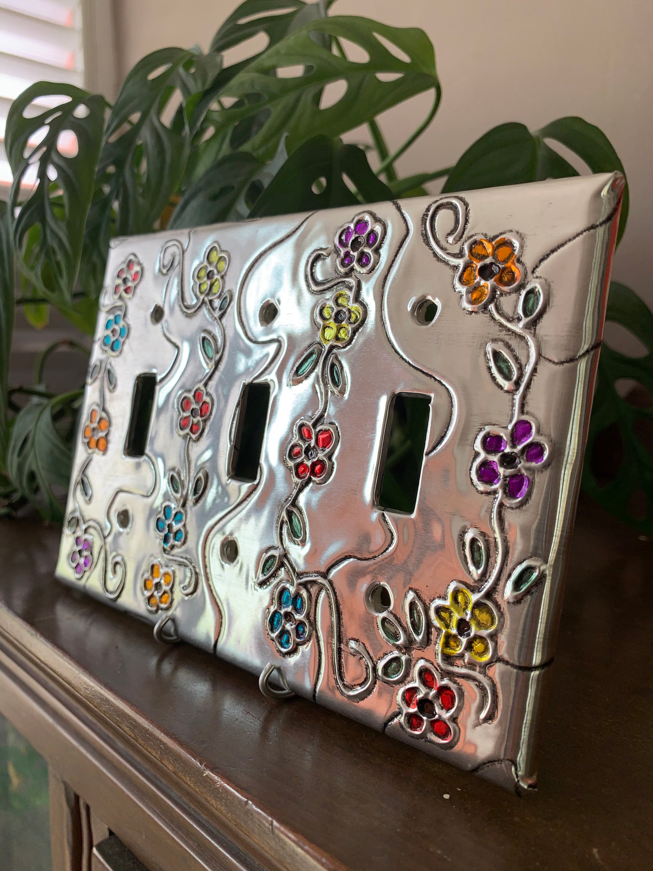 Handmade Colorful Flower Triple Toggle Switch Plate: Silver Metal - Etsy