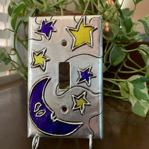 Moon and Stars Blue Silver Metal Single Switch Plate Switchplate Light ...