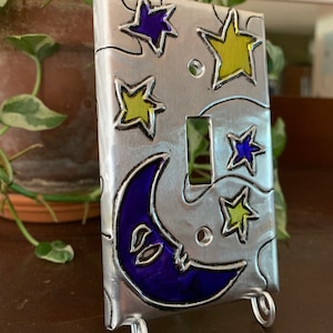 Moon and Stars Blue Silver Metal Single Switch Plate Switchplate Light ...