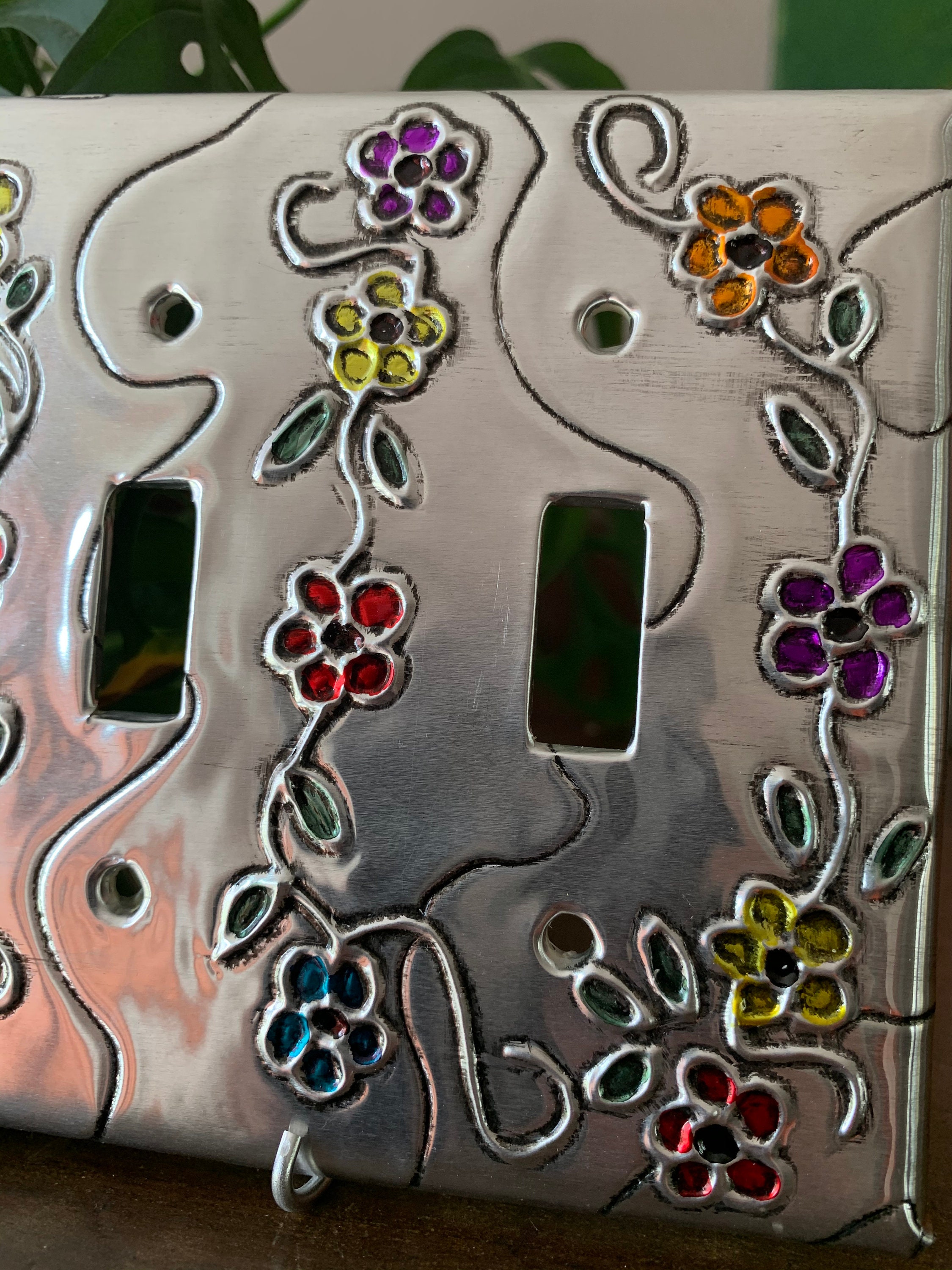 Handmade Colorful Flower Triple Toggle Switch Plate: Silver Metal - Etsy