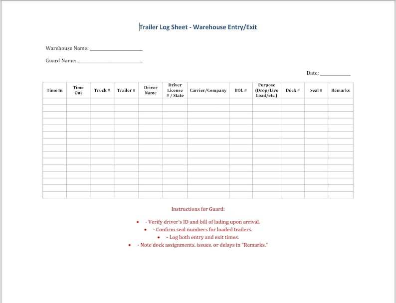 Trucking Trailer Log Sheet – Warehouse Entry/exit Form | Editable PDF ...