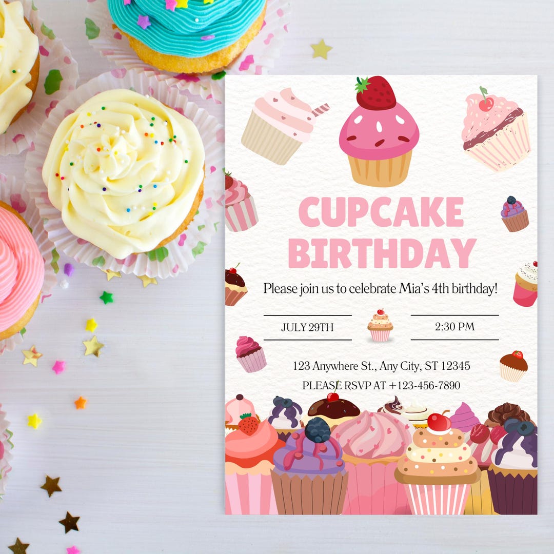 Editable Cupcake Birthday Invitation Template, Cupcake Birthday ...