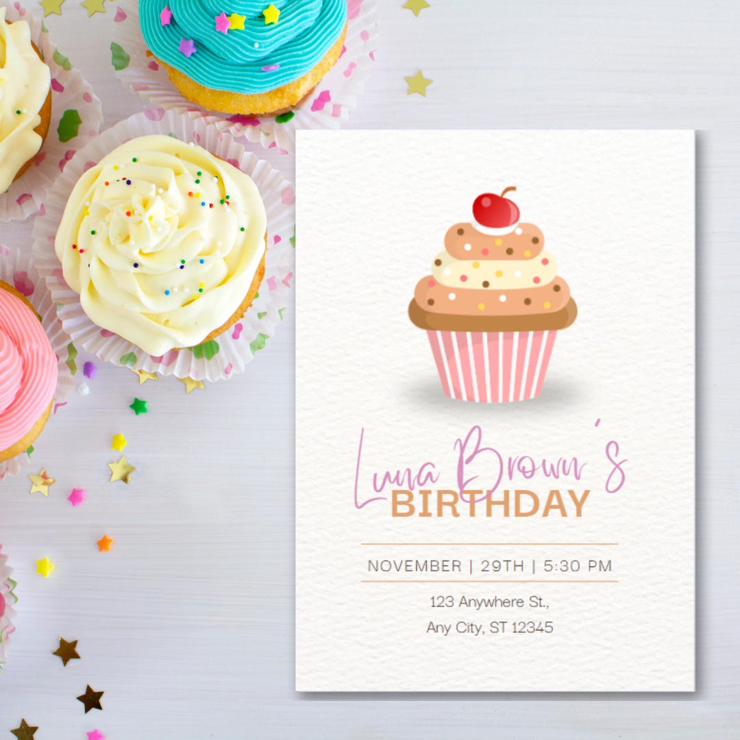 Editable Cupcake Birthday Invite, Cupcake Birthday Invitation, Sweet ...