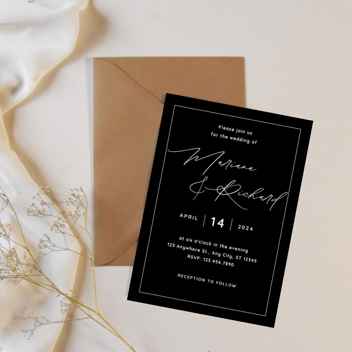 Black Wedding Invitation Template – Minimalist Black & White Editable ...