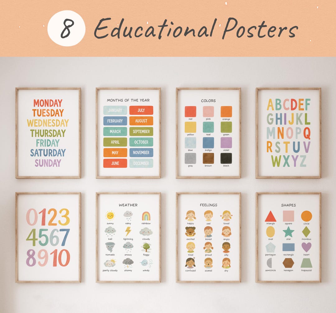 8 Educational Posters Set, Montessori Classroom Decor, Alphabet Numbers ...