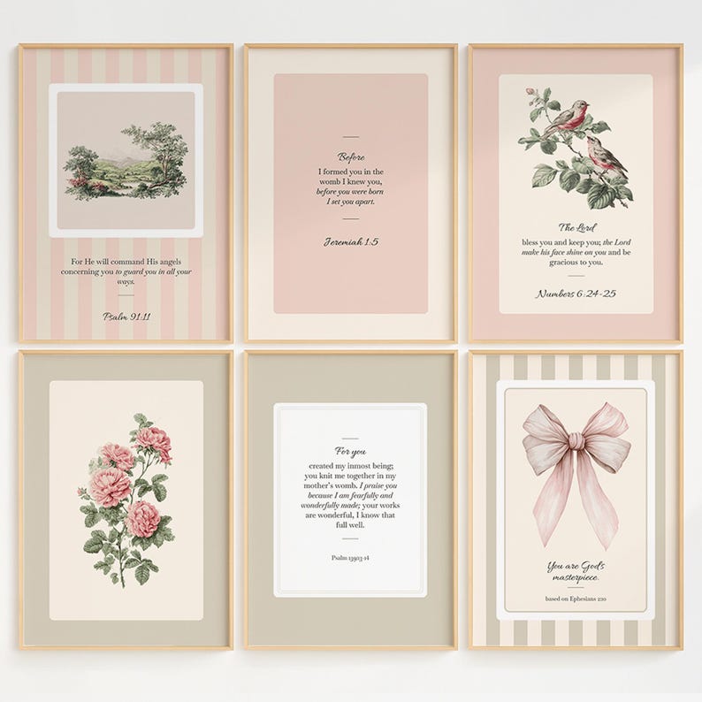 Pink Christian Nursery Wall Art, Bible Verse Prints, Vintage Floral ...