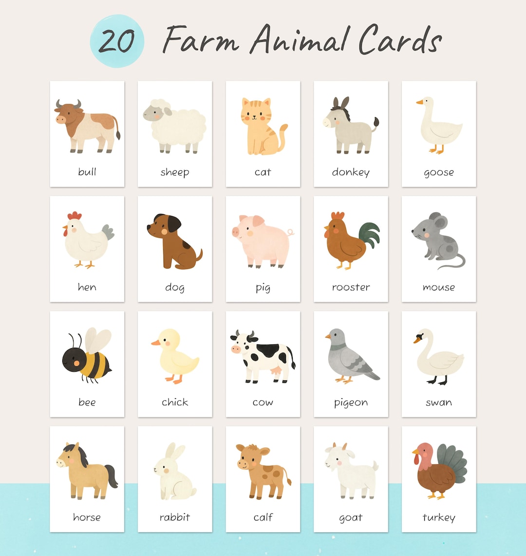 20 Farm Animal Flashcards, Montessori Toddler Cards, First Words ...