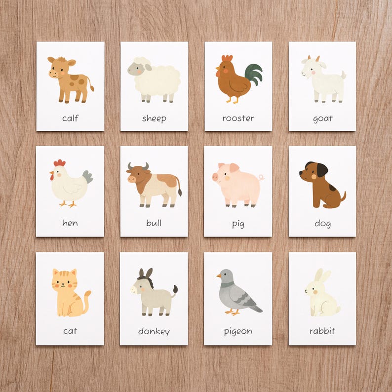 20 Farm Animal Flashcards, Montessori Toddler Cards, First Words ...