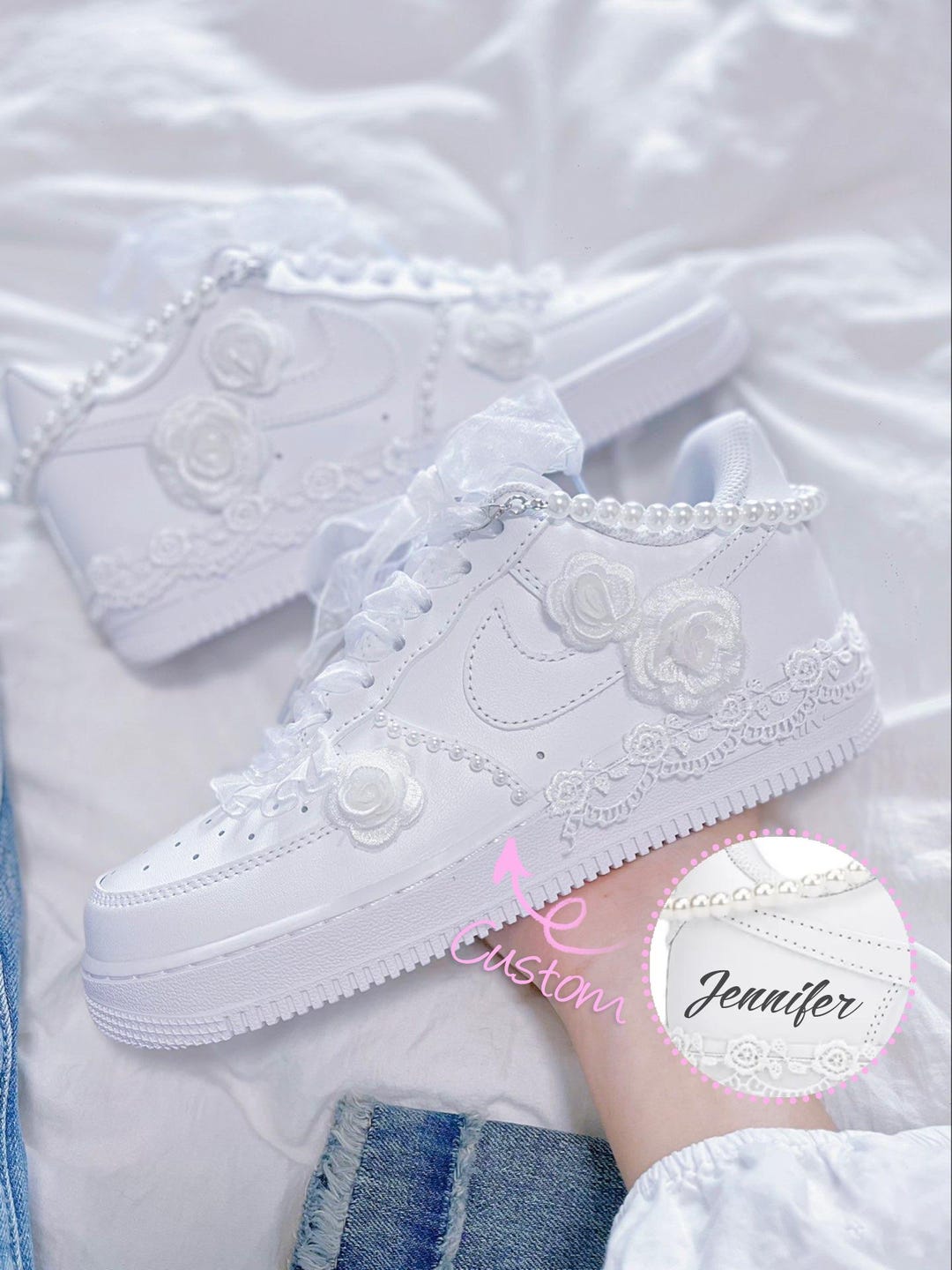 Custom Bride Sneakers Bridal Air Force 1 | Florals Embroidery , Pearl ...