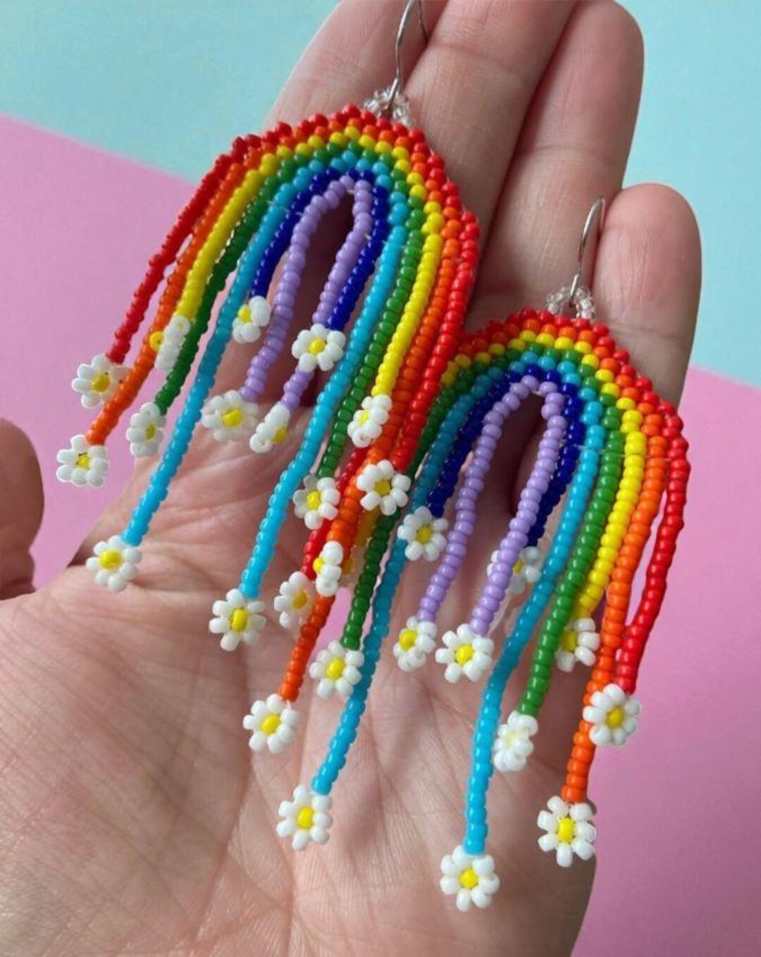 Rainbow Peyote Stitch Earrings Pattern – Beaded Daisy Fringe PDF ...
