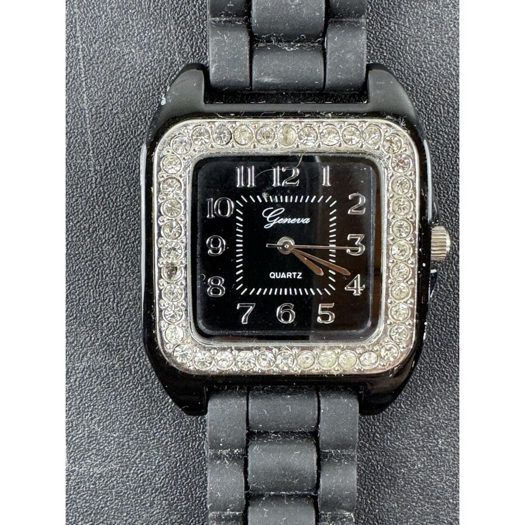 Geneva Quartz Square Watch Black Face Rhinestone Bezel Sports Band ...