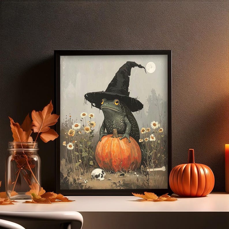 Witch Frog Halloween Wall Art, Cute Spooky Pumpkin Printable ...