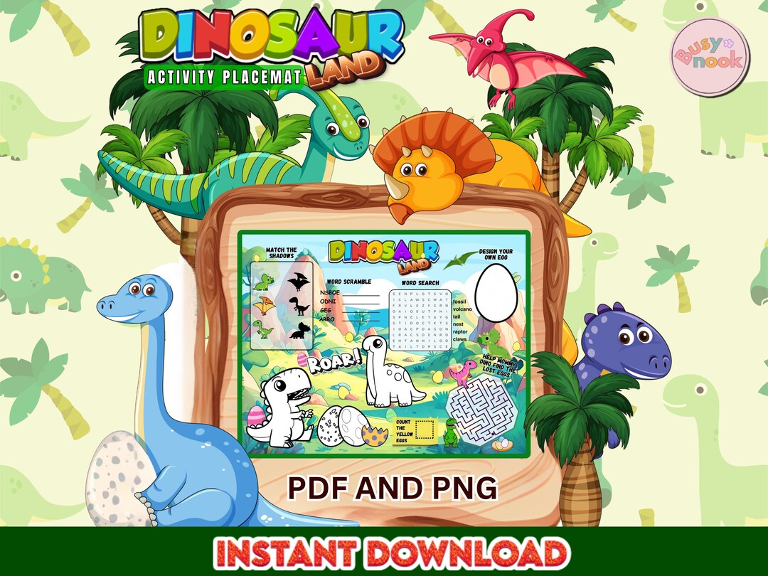 Dinosaur Activity Placemat for Kids, Dino Coloring Page, Printable ...