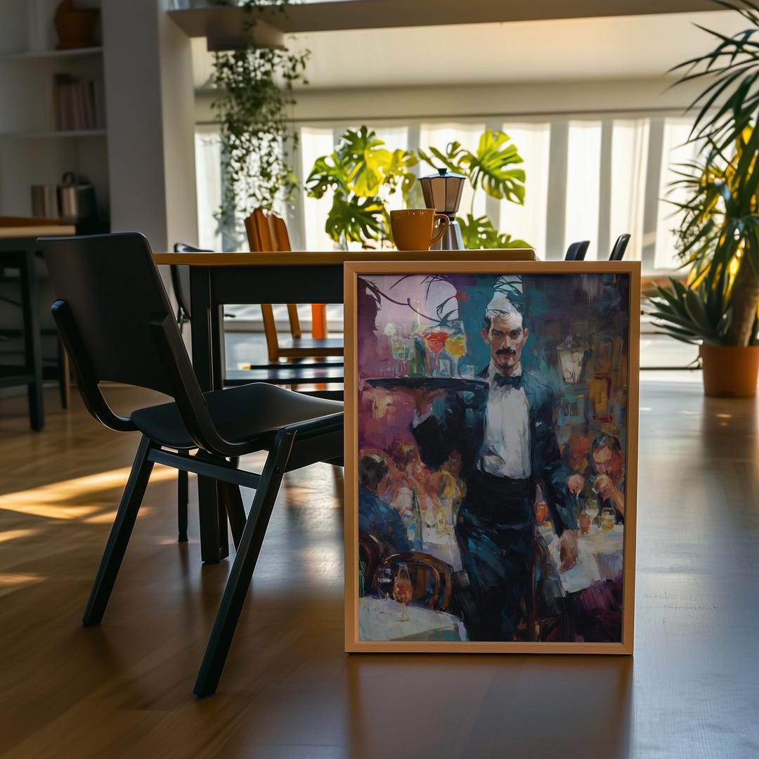 The Sophisticated Waiter Oil Painting Print | Vintage Aesthetic Wall ...